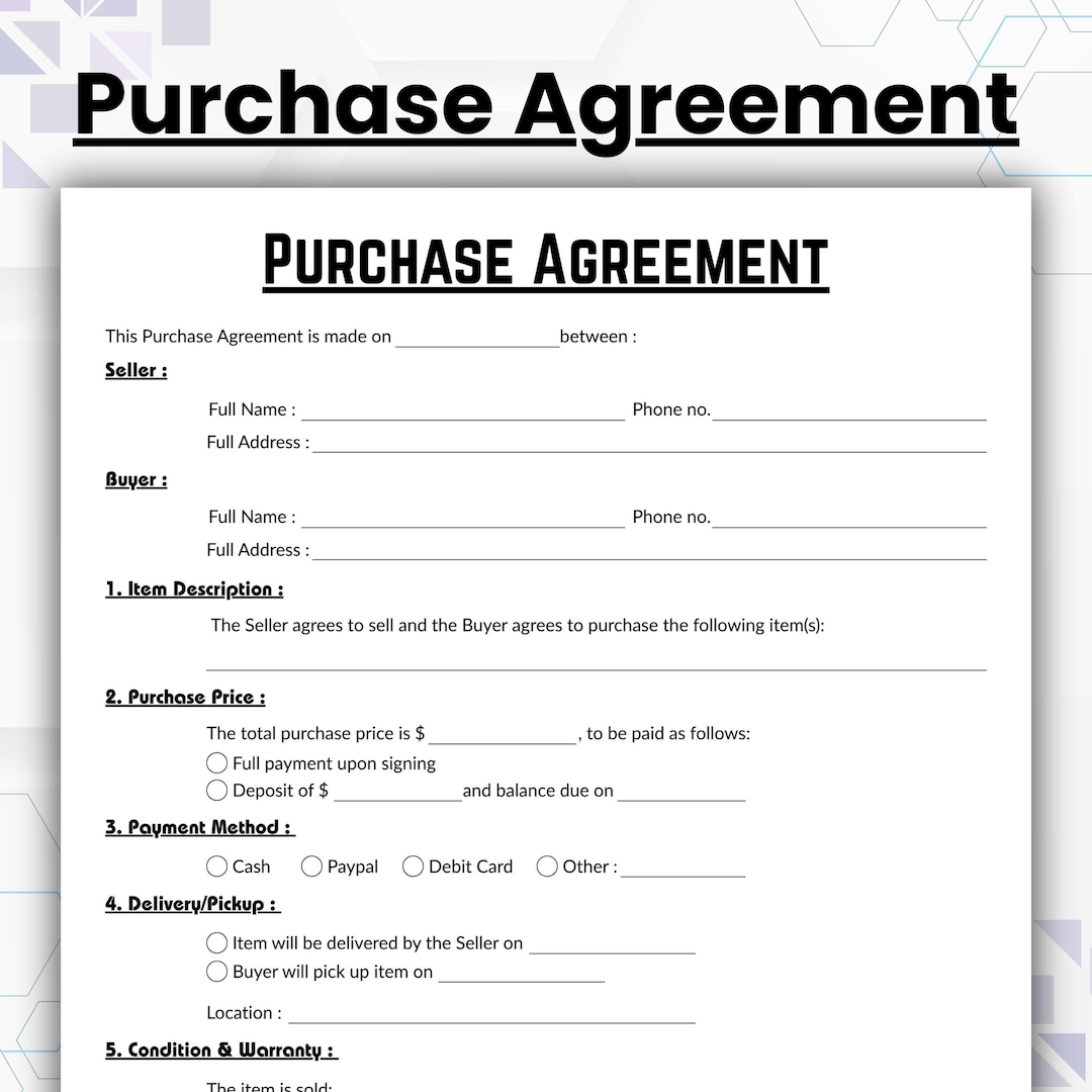 Editable Purchase Agreement Template, Single Page Purchase and Sale ...