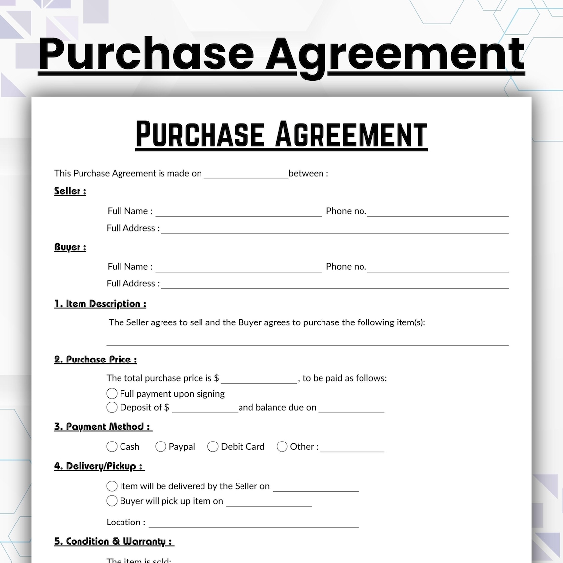 Editable Purchase Agreement Template, Single Page Purchase and Sale ...