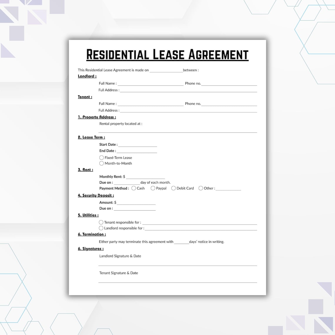 Editable Lease Agreement Template, Single Page Rental Agreement Form ...