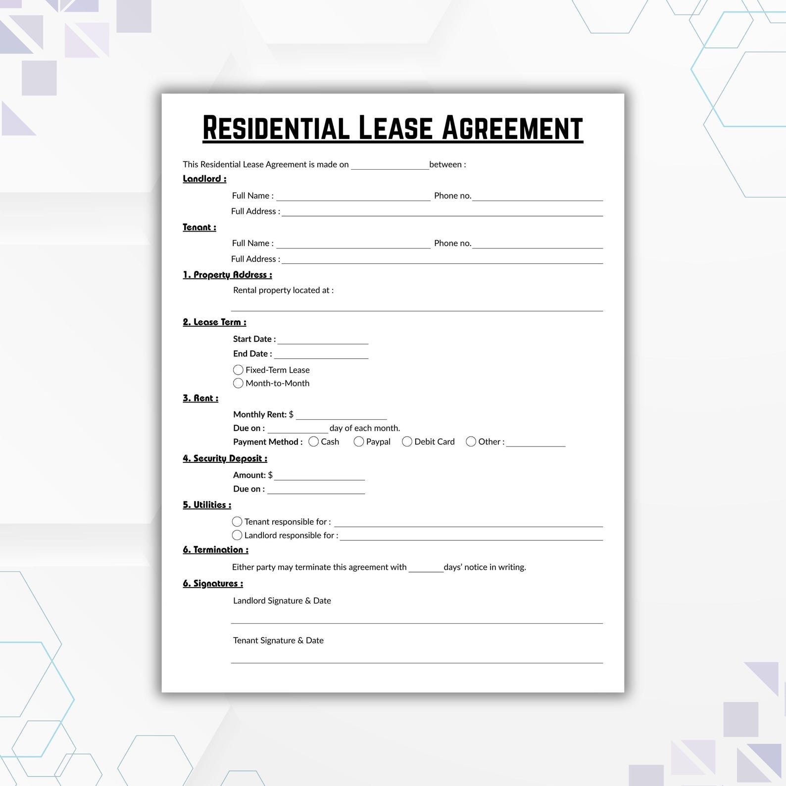 Editable Lease Agreement Template, Single Page Rental Agreement Form ...