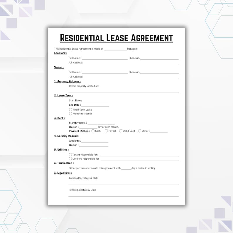 Editable Lease Agreement Template, Single Page Rental Agreement Form ...