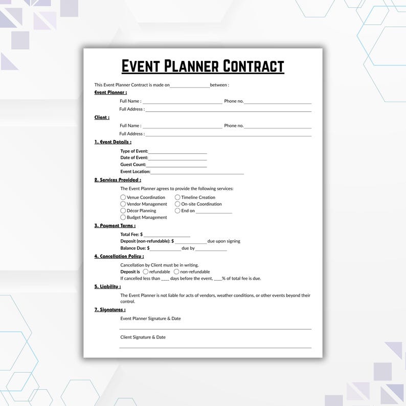 Editable Event Planner Contract Template, Single Page Event Planner ...
