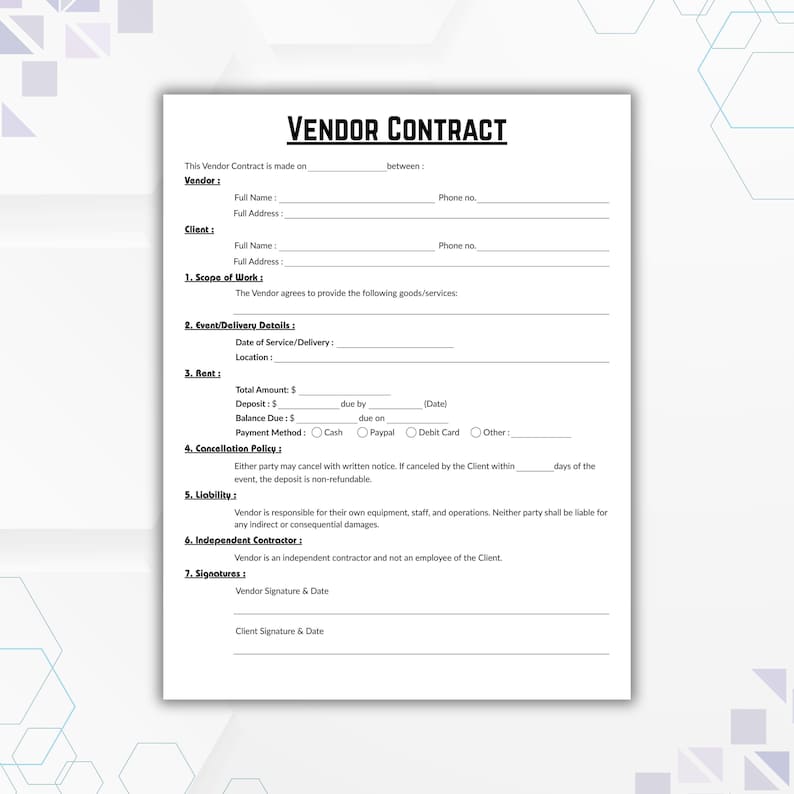 Editable Vendor Contract Template, Single Page Event Agreement ...