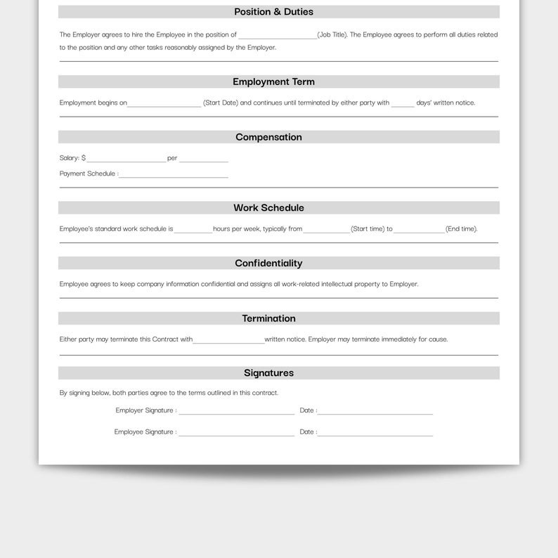 Minimalist Employment Agreement, Simple Job Agreement Form, Printable ...