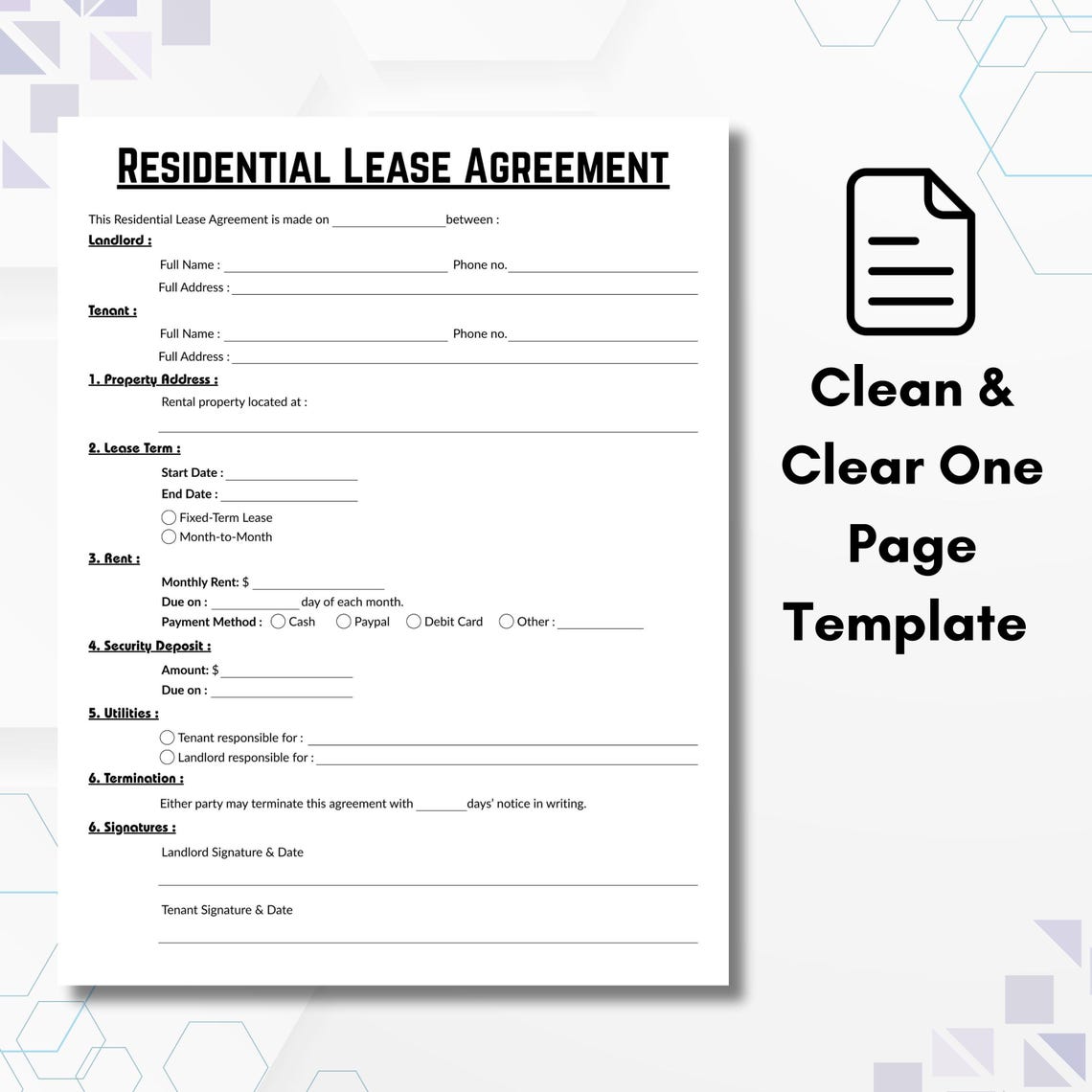 Editable Lease Agreement Template, Single Page Rental Agreement Form ...