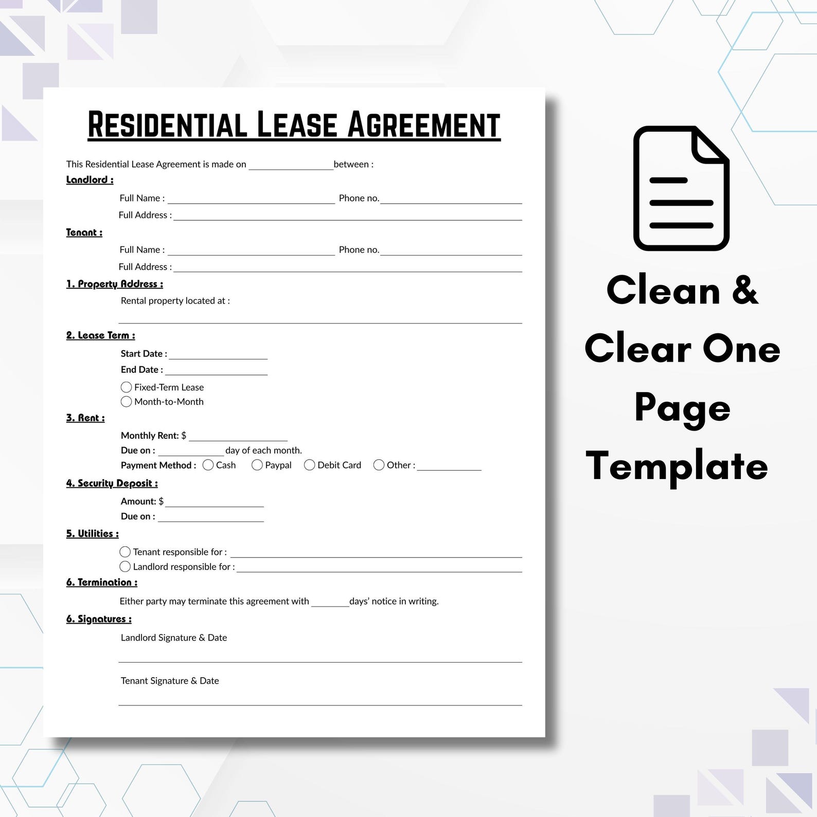 Editable Lease Agreement Template, Single Page Rental Agreement Form ...