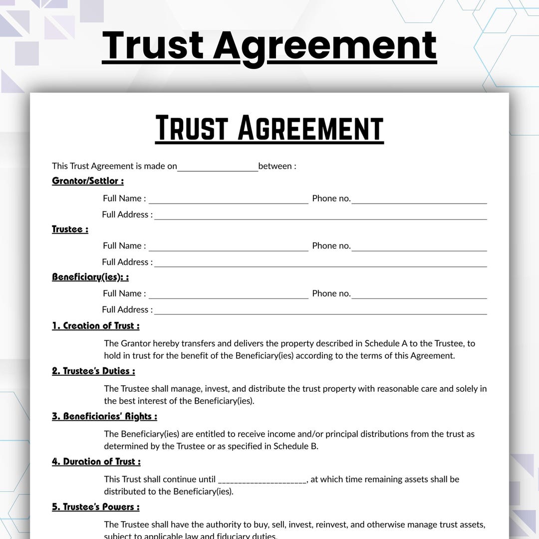 Editable Trust Agreement, Simple Beneficiary Form Template, Printable ...