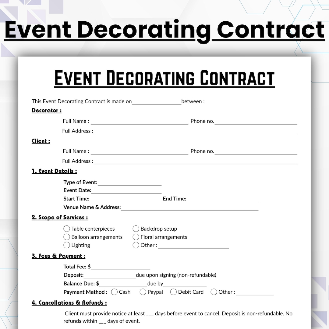 Editable Event Decorating Contract, Simple Event Planning Service Form ...