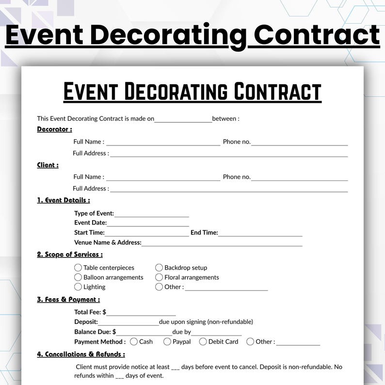 Editable Event Decorating Contract, Simple Event Planning Service Form ...