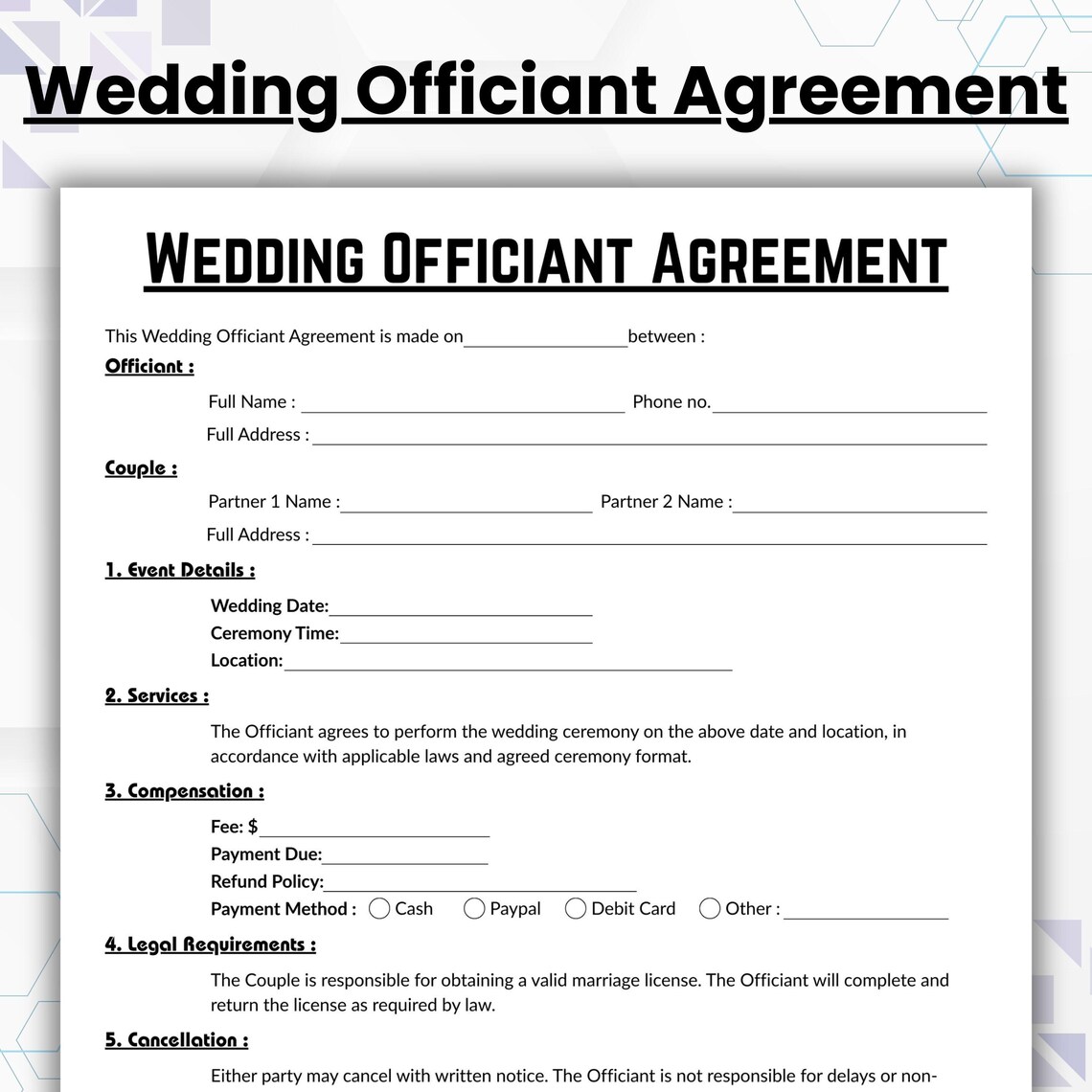 Editable Wedding Officiant Agreement, Simple Ceremony Contract Template ...