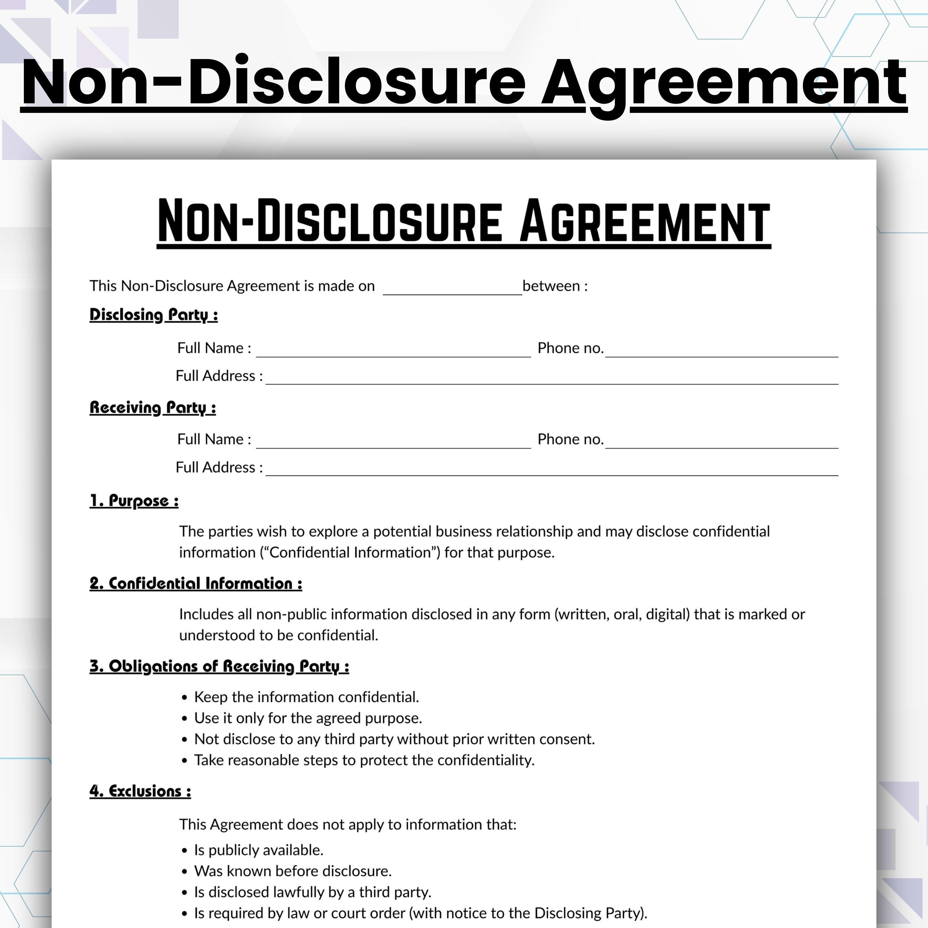 Editable Non-disclosure Agreement Template, Single Page NDA Form ...