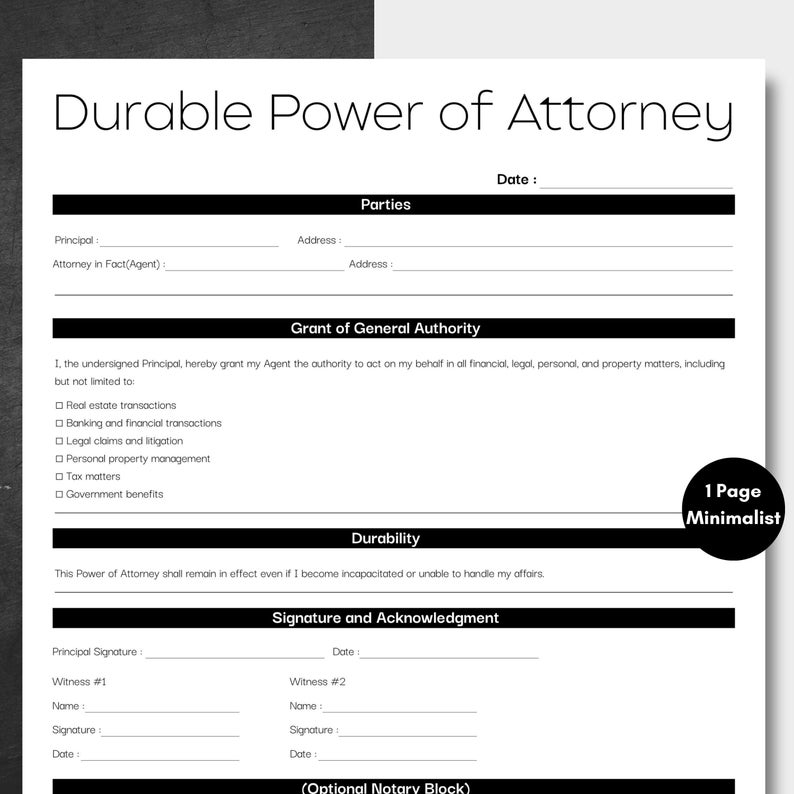 Minimalist Durable Power of Attorney Black, Simple Durable Financial ...