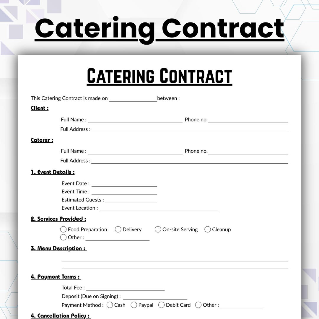 Editable Catering Contract Template, Single Page Catering Service Contract, Printable Catering ...