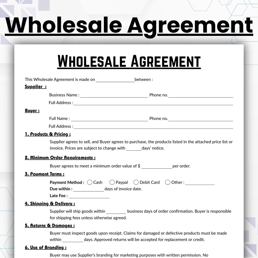 Editable Wholesale Agreement Template, Single Page Business Contract ...