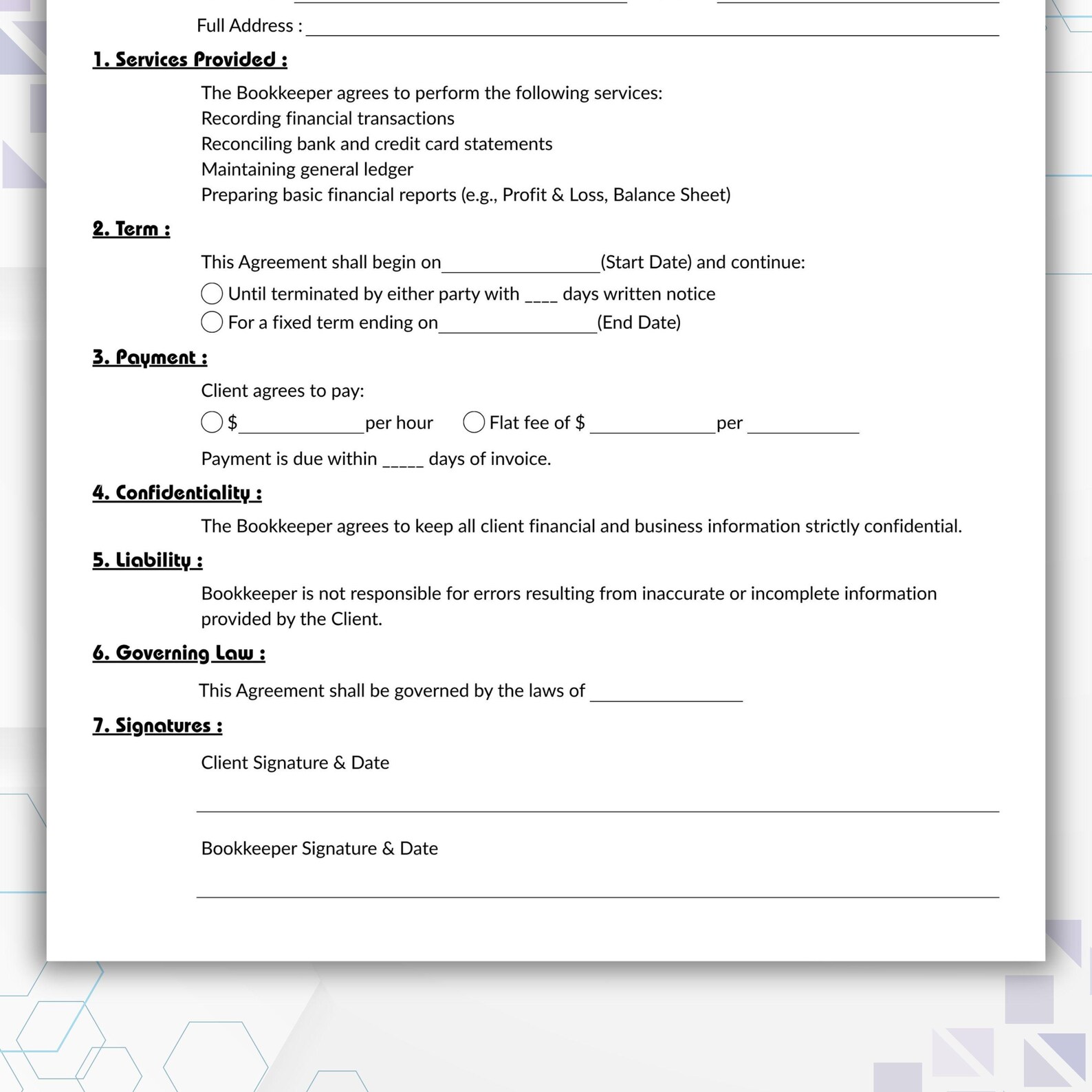 Editable Bookkeeping Contract Template, Single Freelance Bookkeeper ...