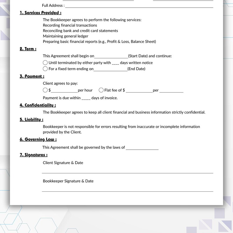 Editable Bookkeeping Contract Template, Single Freelance Bookkeeper ...