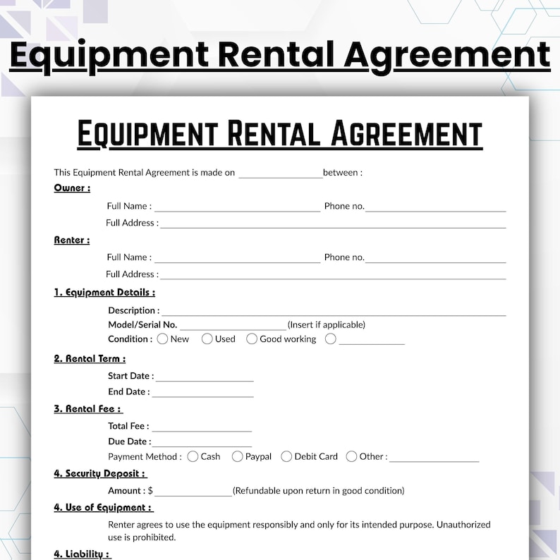 Editable Equipment Rental Agreement Template, Single Page Lease ...