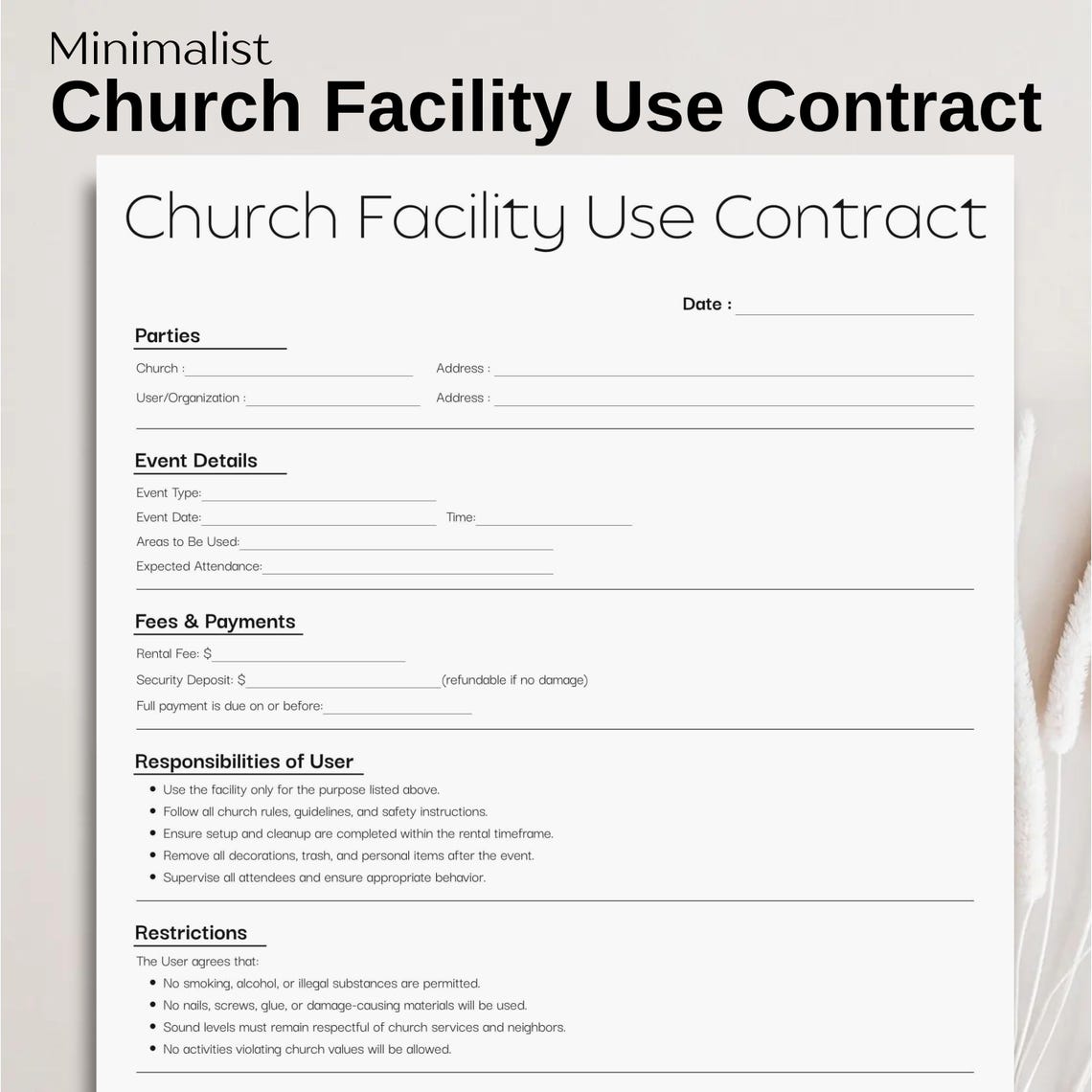 Minimalist Church Facility Use Contract Template, Simple Church Rental ...