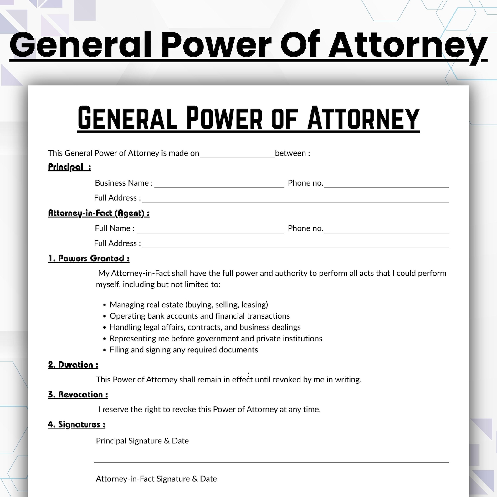 Editable General Power of Attorney Template, Single Page POA Form ...