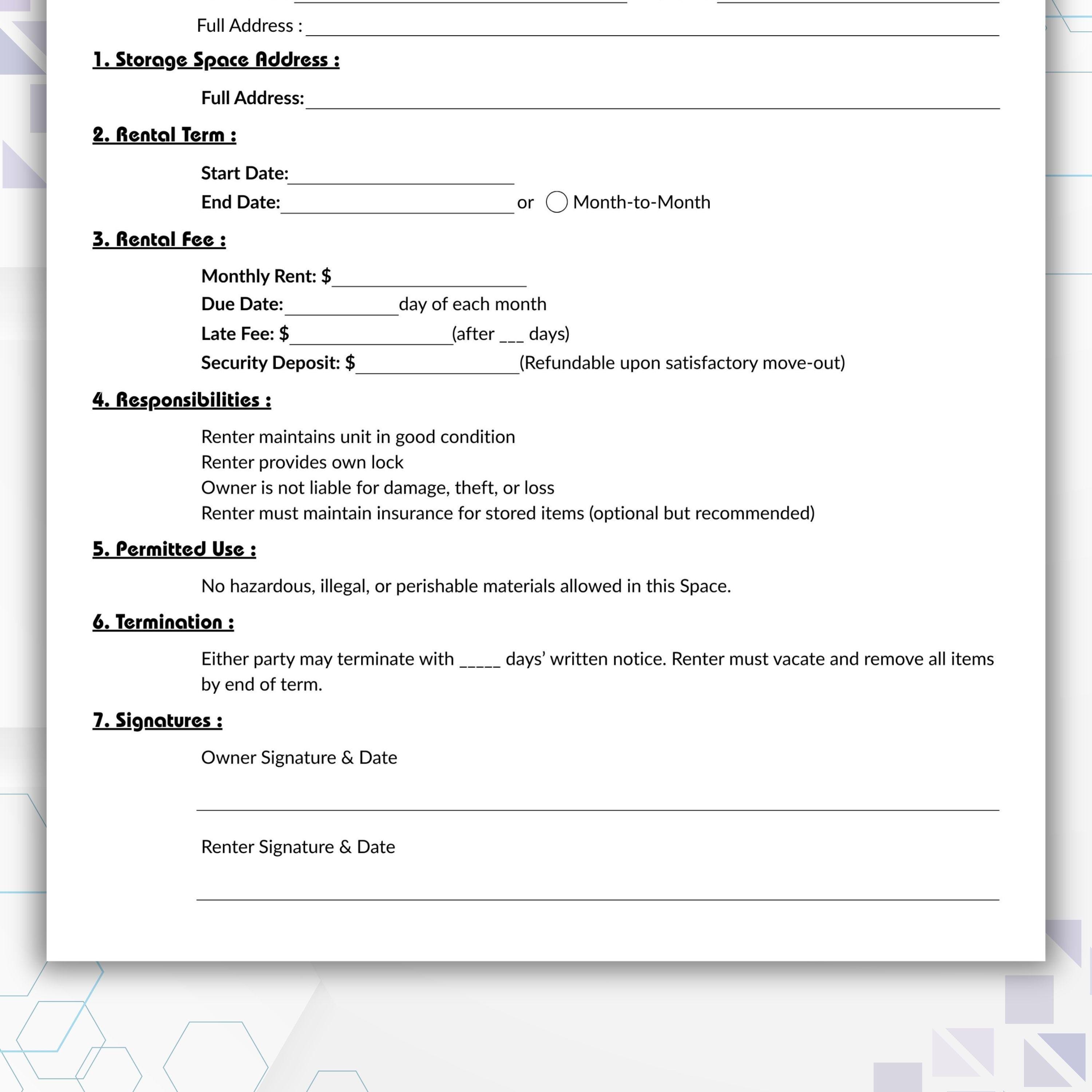 Editable Storage Space Rental Agreement, Simple Contractor Storage Form ...