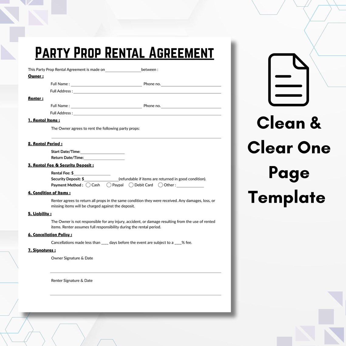 Editable Party Prop Rental Agreement, Simple Rental Form for Backdrops ...