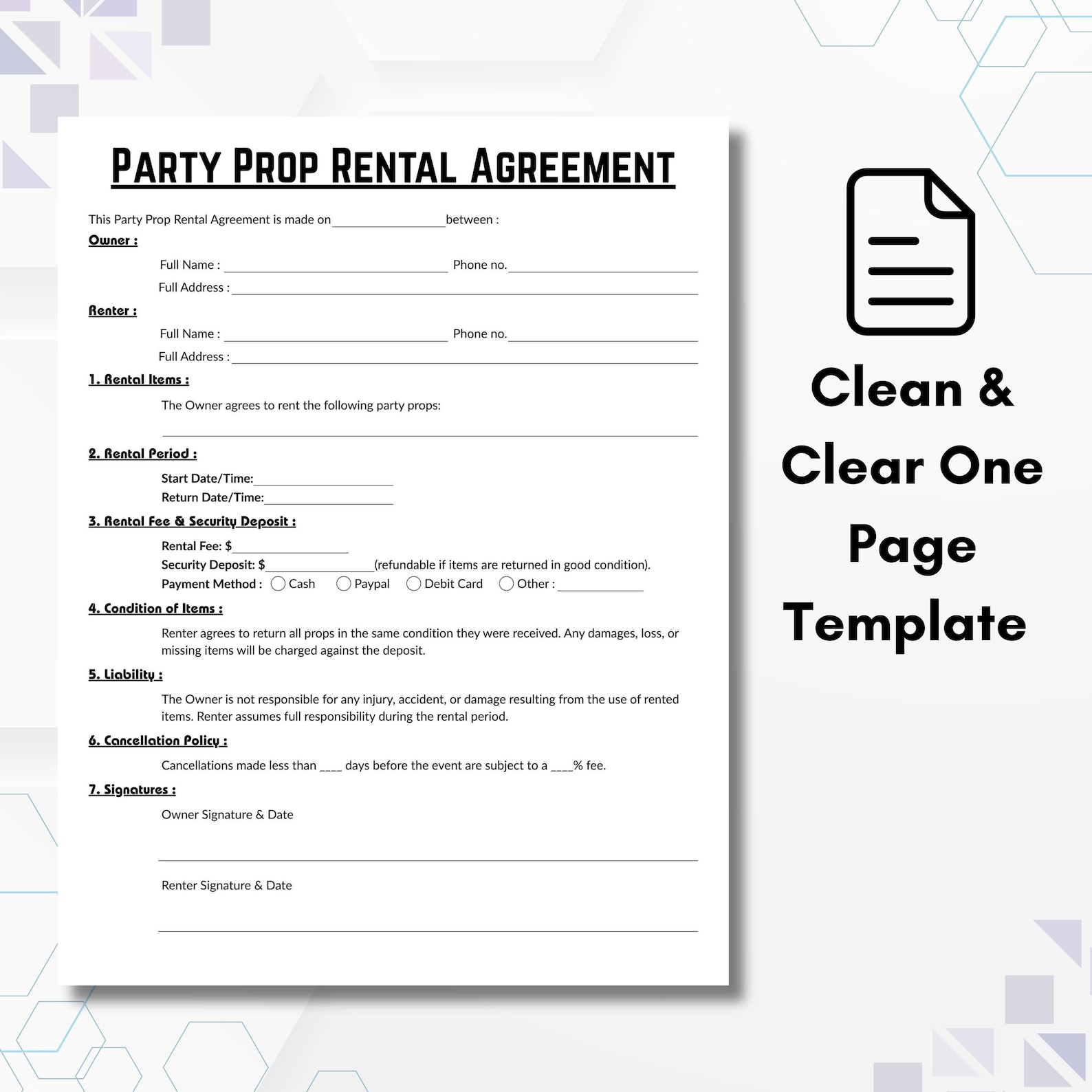 Editable Party Prop Rental Agreement, Simple Rental Form for Backdrops ...
