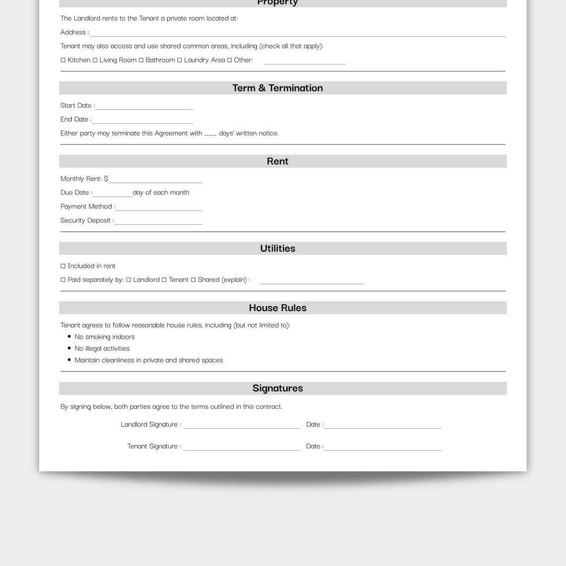 Minimalist Room Rental Agreement, Simple Rental Contract Template ...