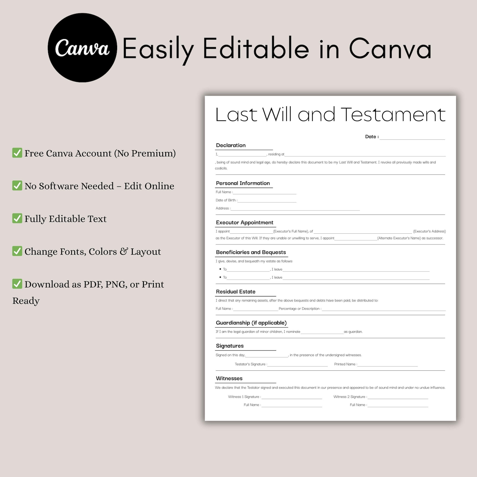 Minimalist Last Will and Testament, Simple Basic Will Template ...