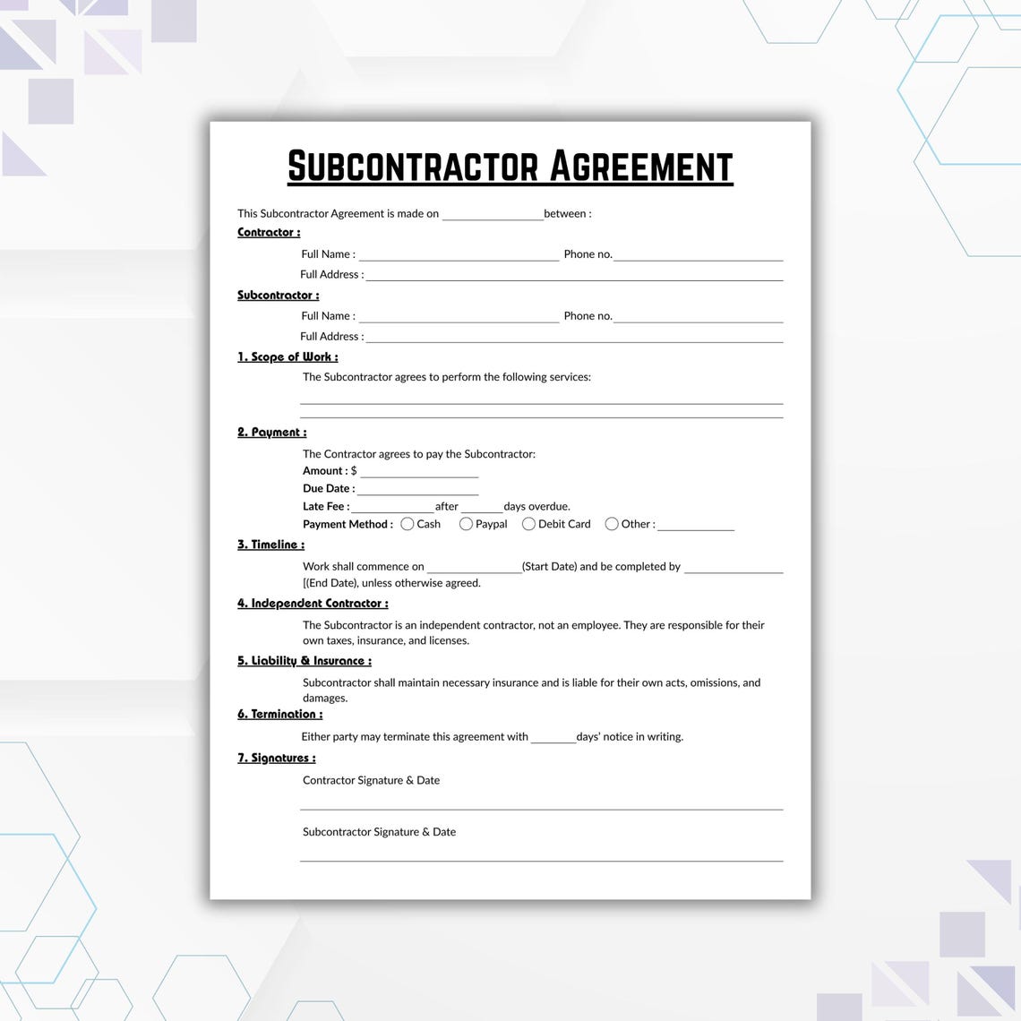 Editable Subcontractor Agreement Template, Single Page Subcontractor Contract Form, Printable ...