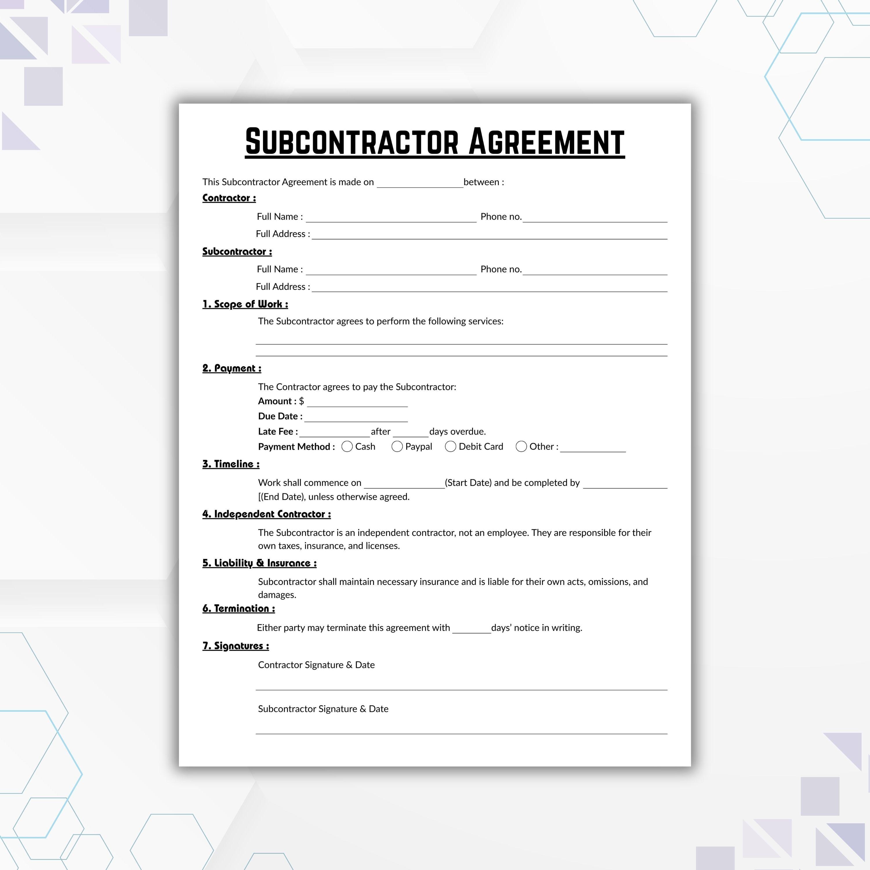 Editable Subcontractor Agreement Template, Single Page Subcontractor ...