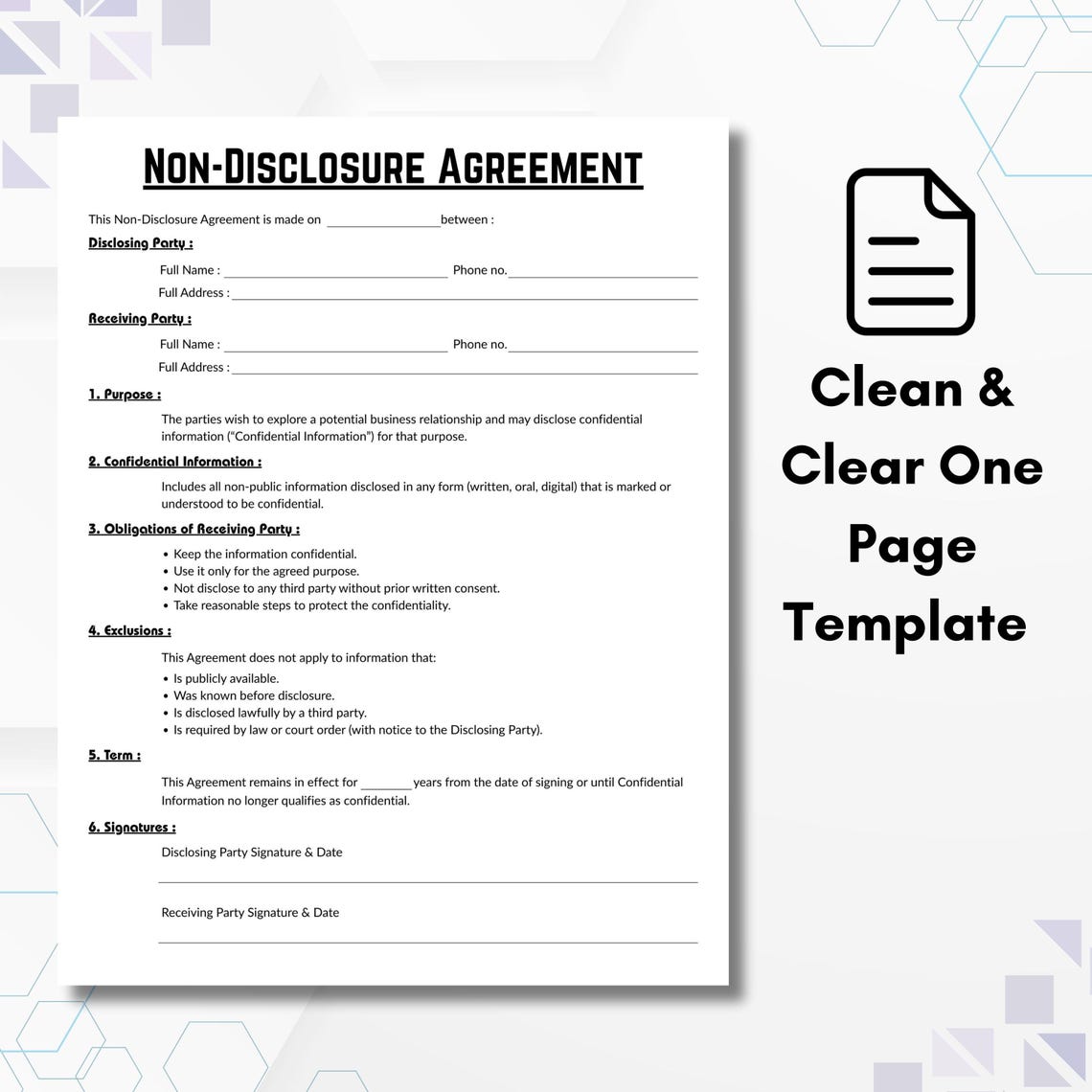 Editable Non-disclosure Agreement Template, Single Page NDA Form ...