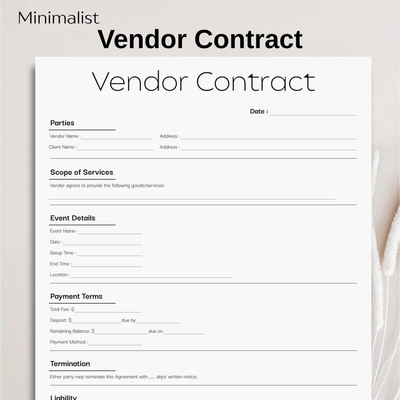 Minimalist Vendor Contract Template, Simple Event Agreement, Printable ...