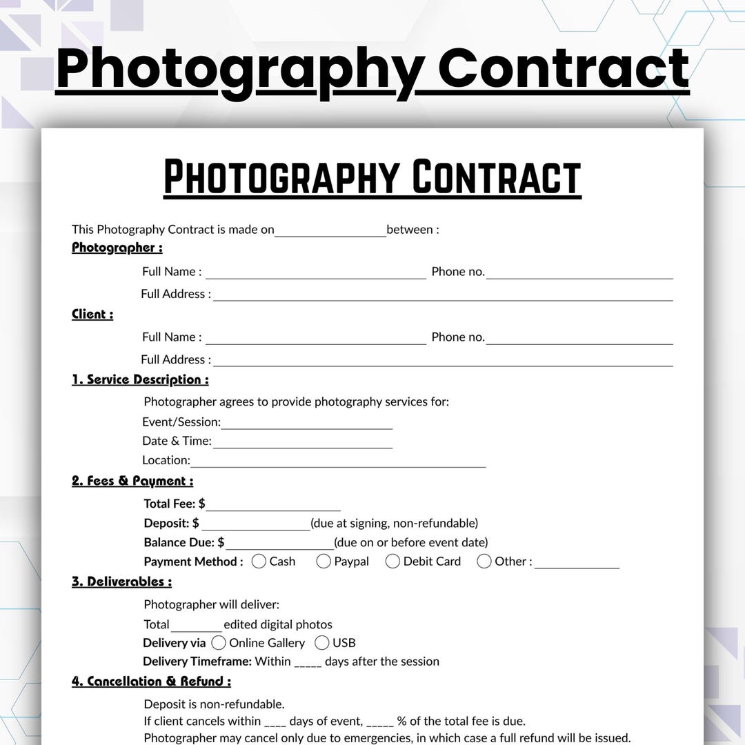 Editable Photography Contract Template, Single Page Contract for ...