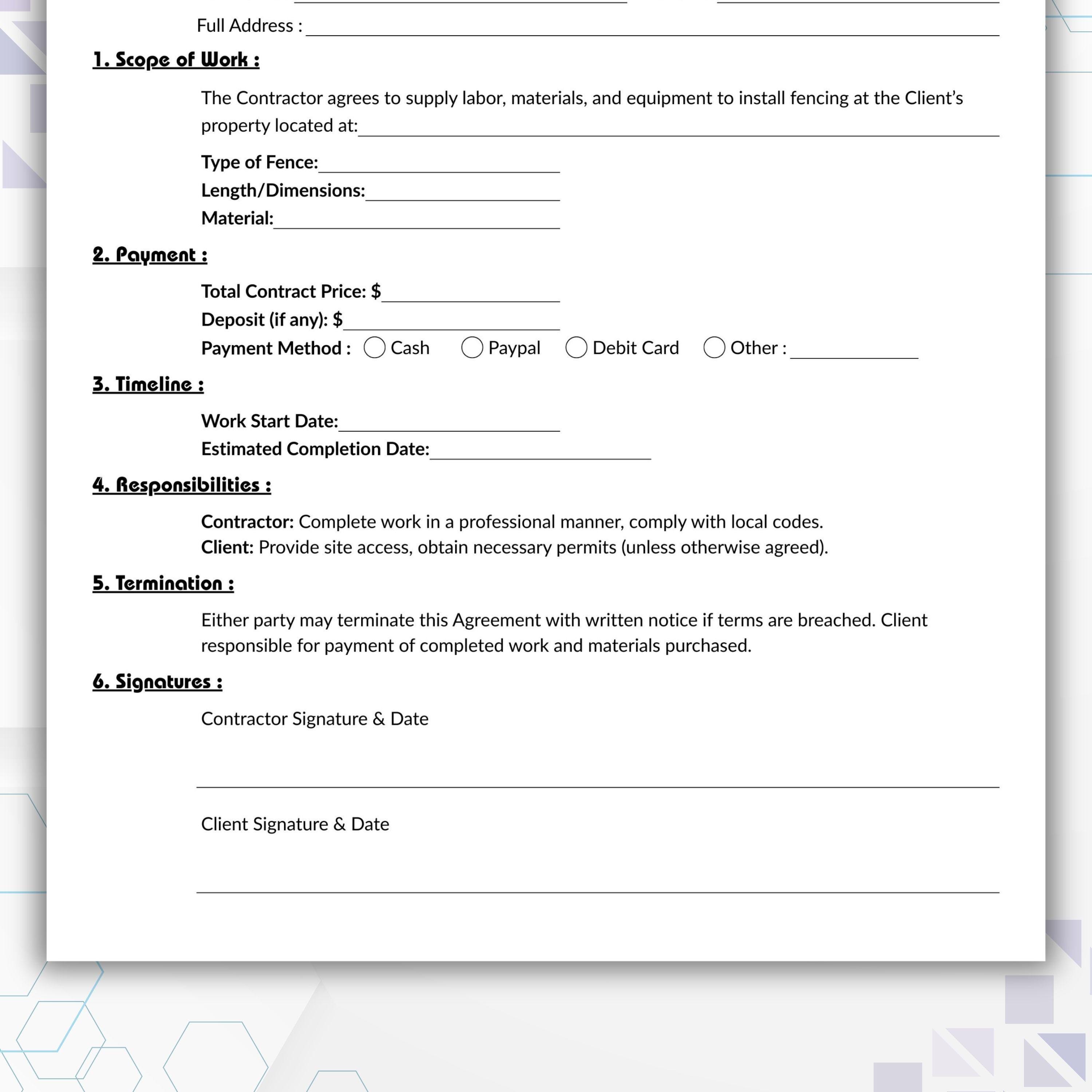 Editable Fencing Contract, Simple Fence Contract Template, Printable ...