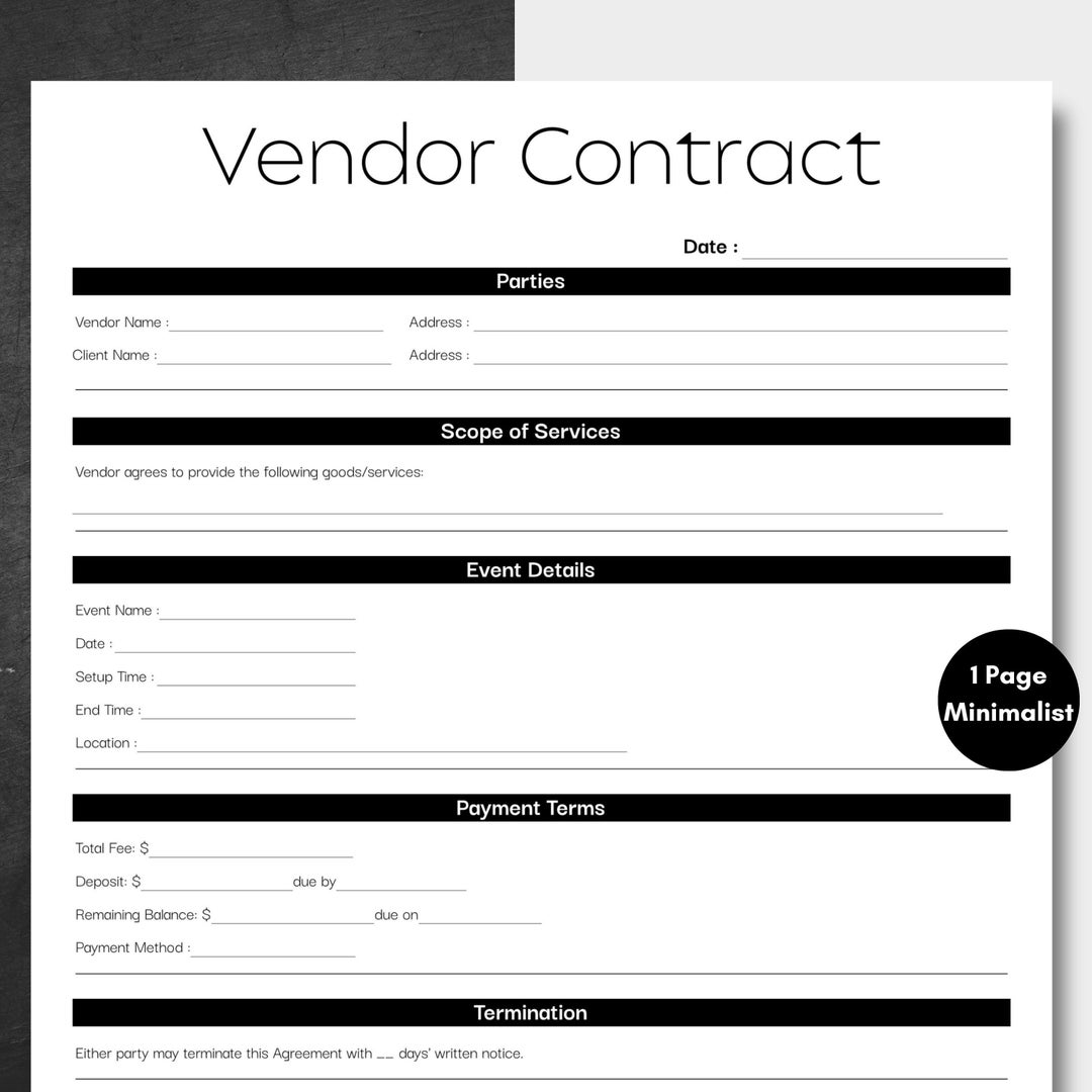 Minimalist Vendor Contract Black, Simple Event Agreement, Printable ...