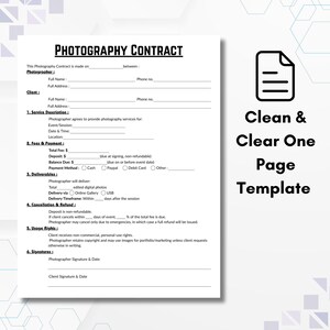 Editable Photography Contract Template, Single Page Contract for ...
