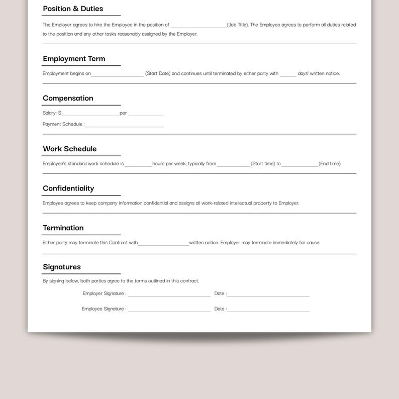 Minimalist Employment Contract, Simple Job Agreement Form, Printable ...
