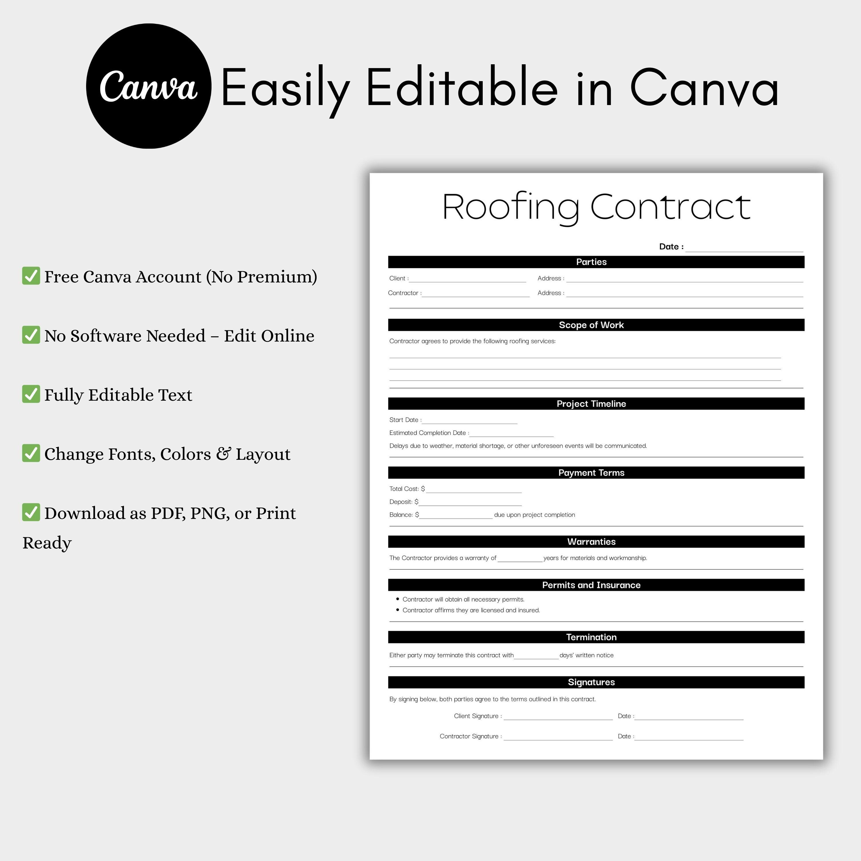Minimalist Roofing Contract Black, Simple Roofer Contract, Editable ...