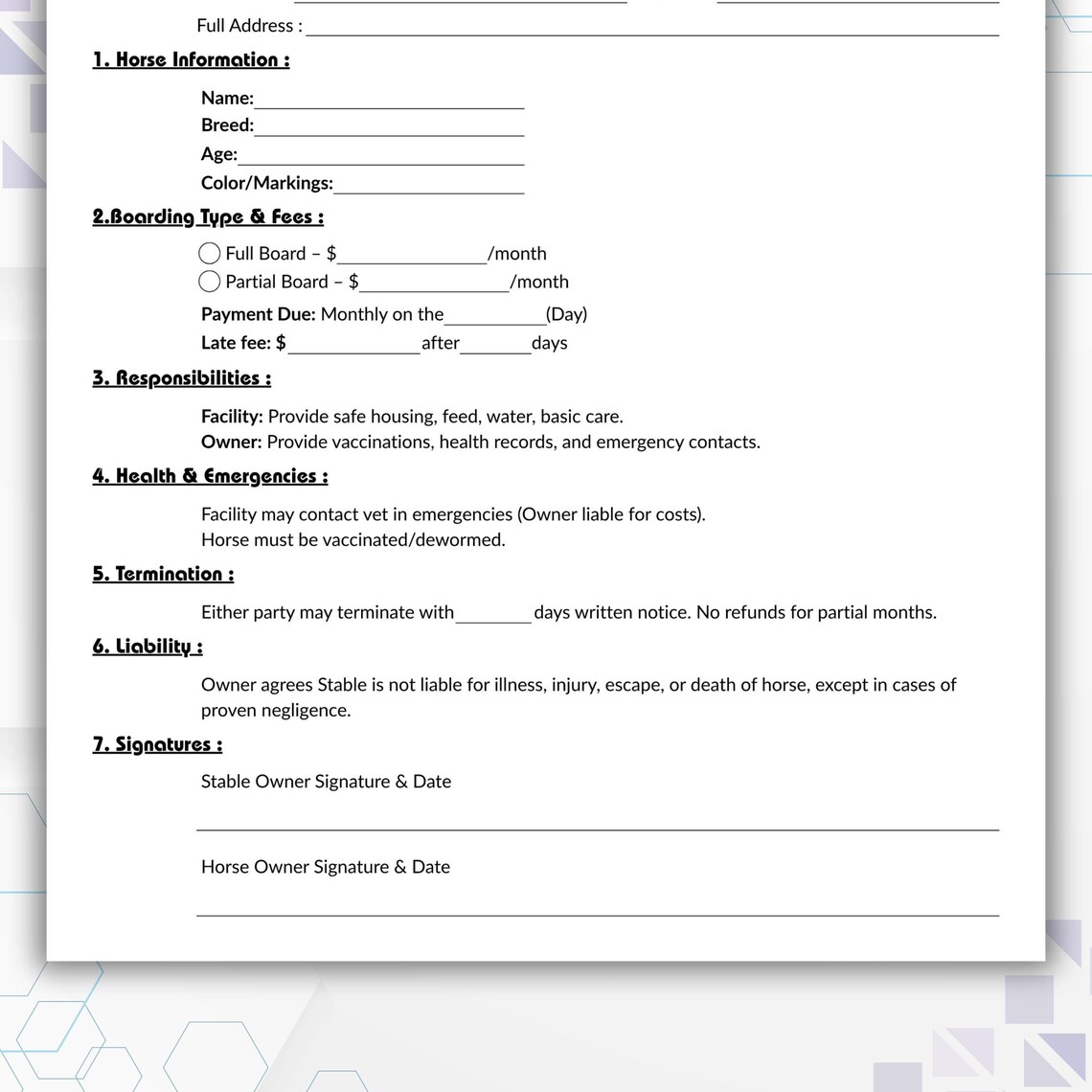 Editable Horse Boarding Contract Template, Single Equine Boarding ...