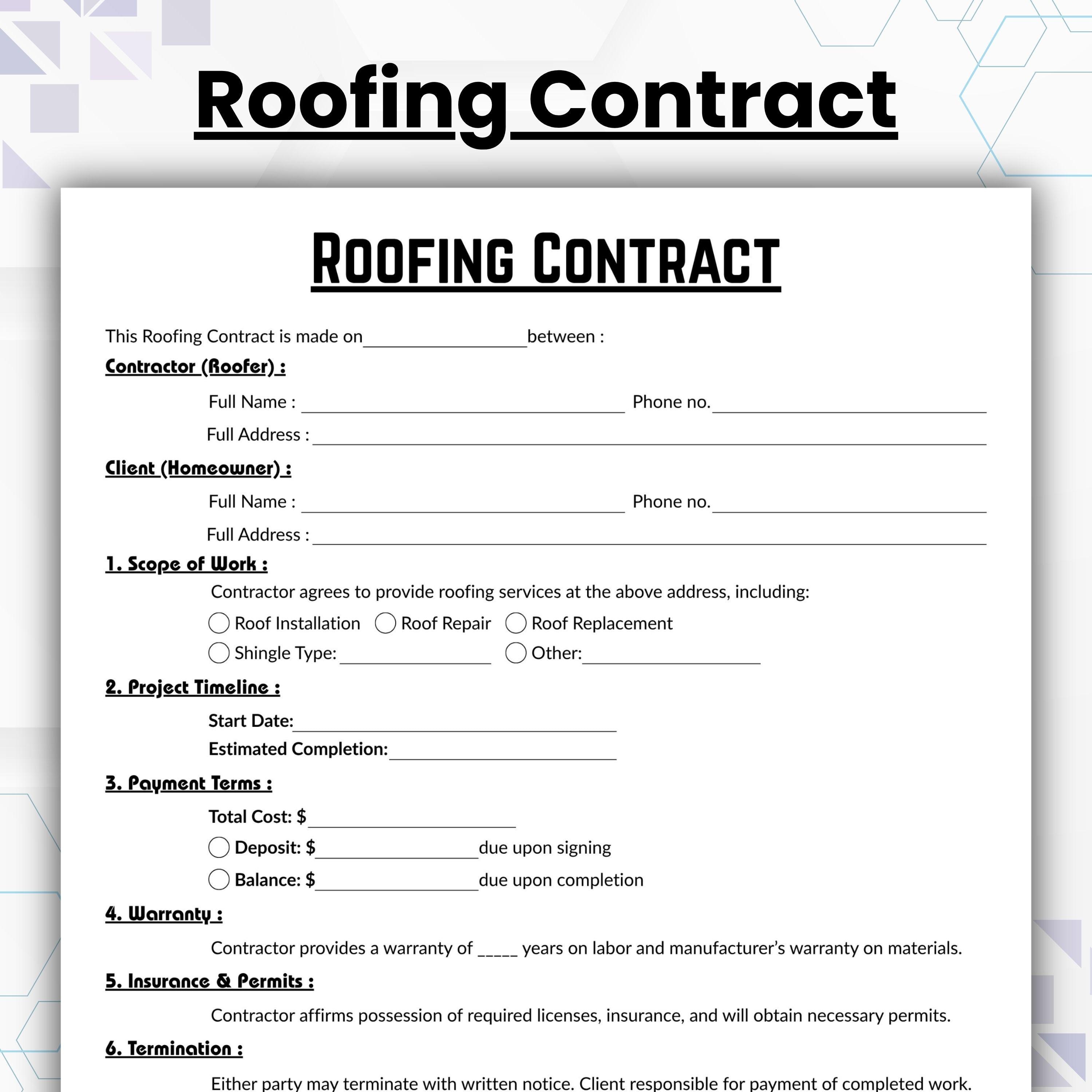 Editable Roofing Contract Template, Single Page Contractor Service ...