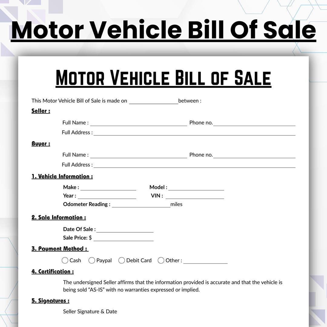 Editable Motor Vehicle Bill of Sale Agreement Template, Single Page Car ...