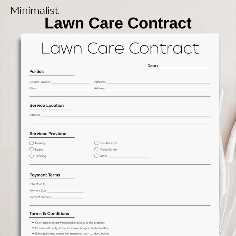 Minimalist Lawn Care Agreement, Simple Landscaping Contract, Editable Garden Care Agreement ...