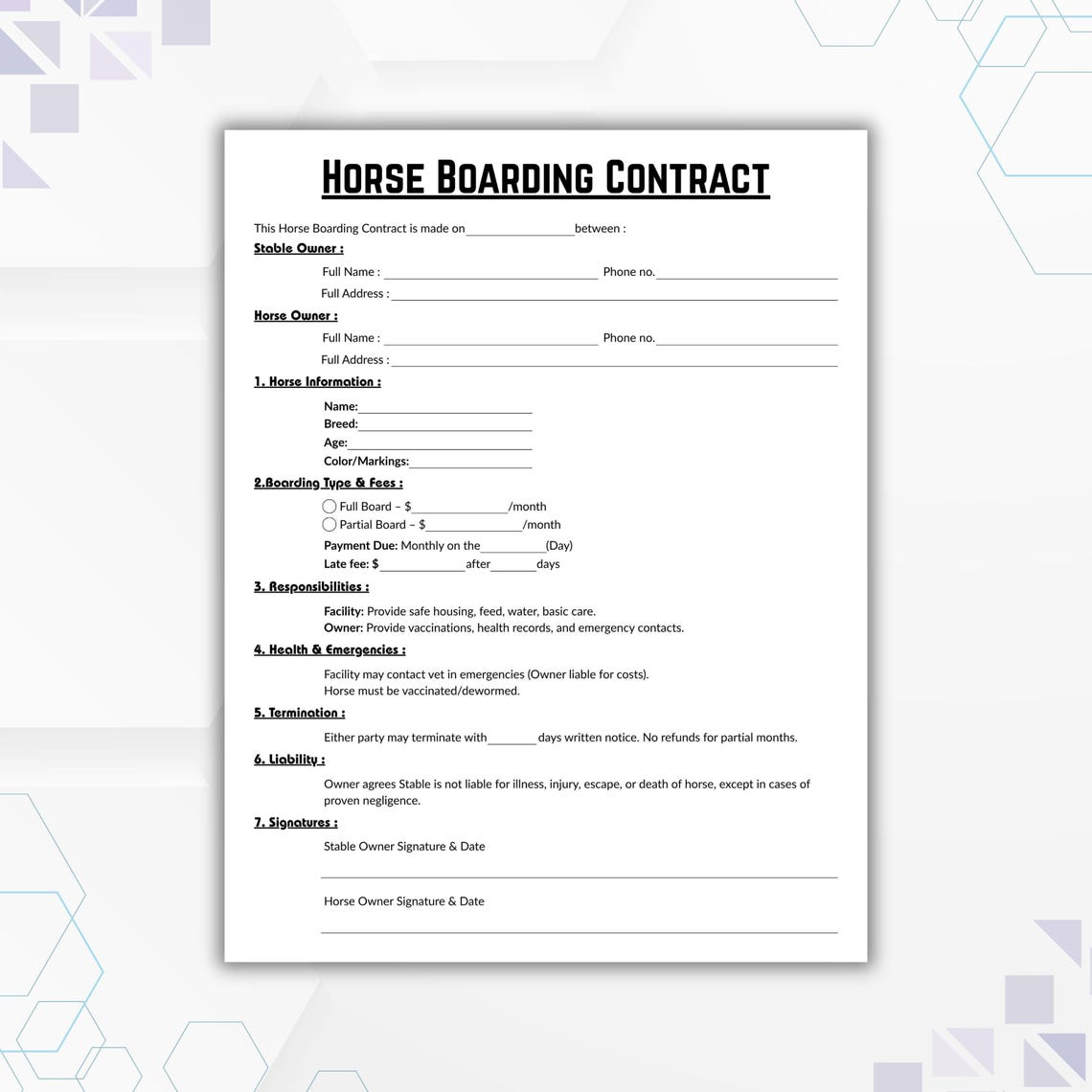 Editable Horse Boarding Contract Template, Single Equine Boarding ...