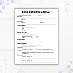 Editable Horse Boarding Contract Template, Single Equine Boarding Agreement Form, Printable ...