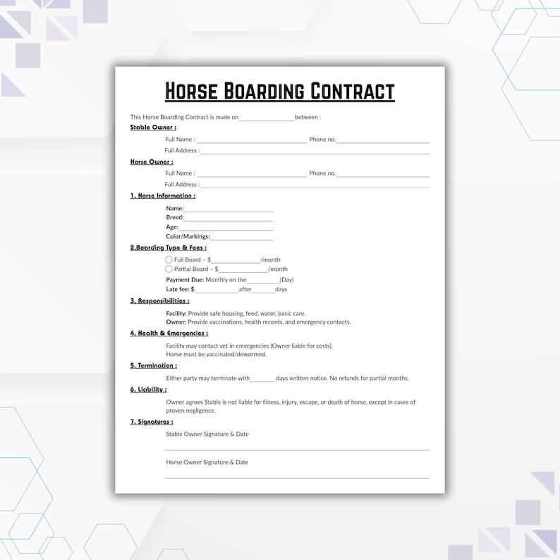 Editable Horse Boarding Contract Template, Single Equine Boarding Agreement Form, Printable ...