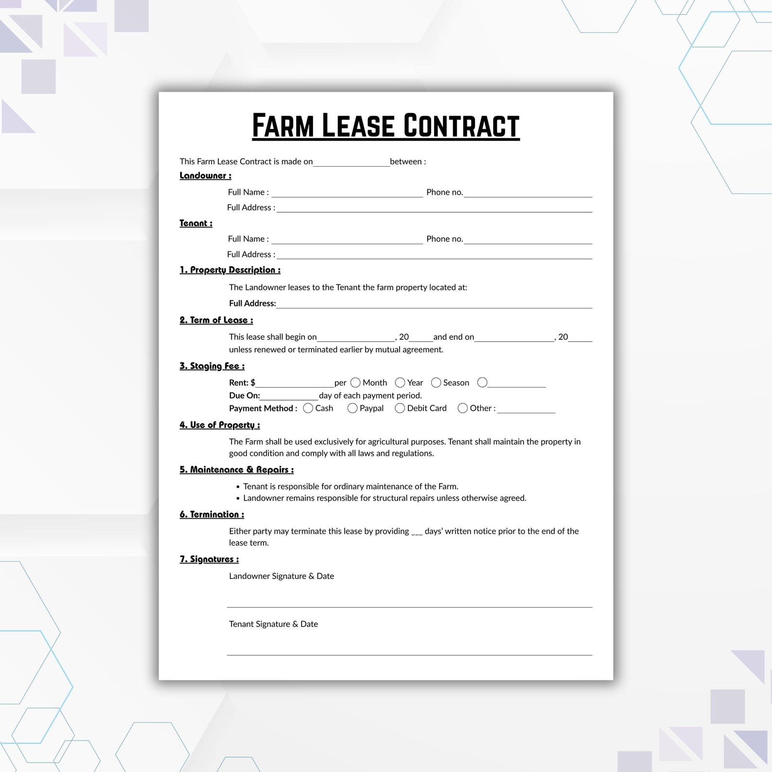 Editable Farm Lease Contract, Simple Farm Land Rent Agreement Template ...