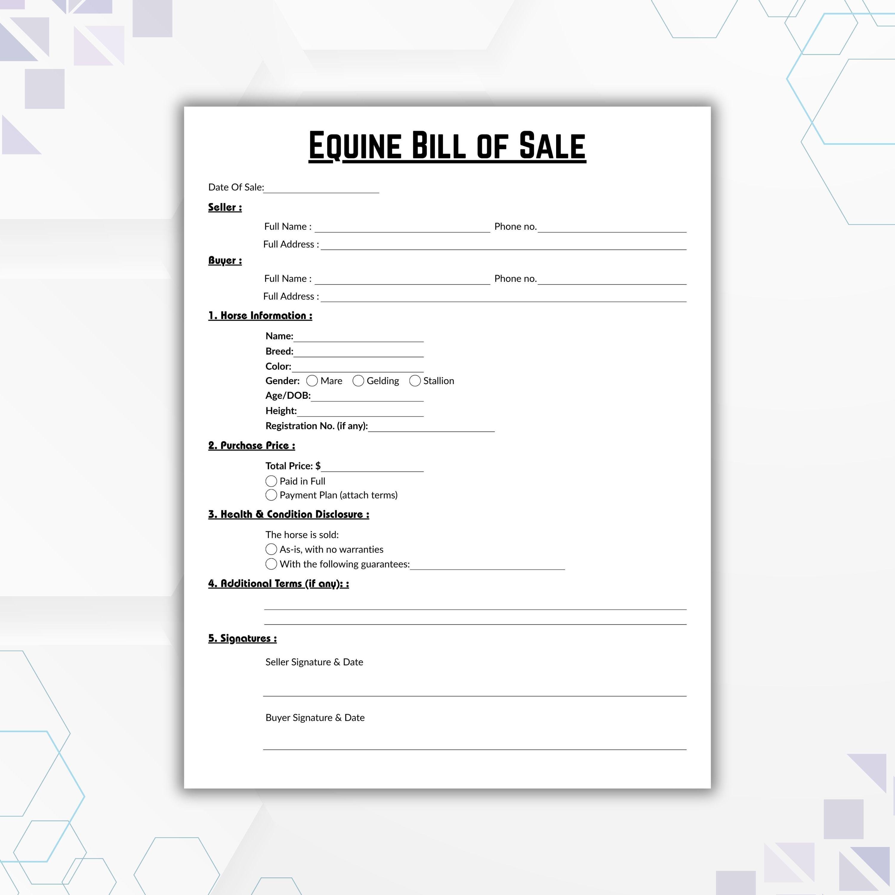 Editable Equine Bill of Sale, Simple Business Horse Legal Form Template ...