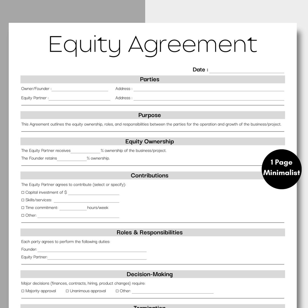 Minimalist Equity Agreement, Simple Shareholder Contract Template ...
