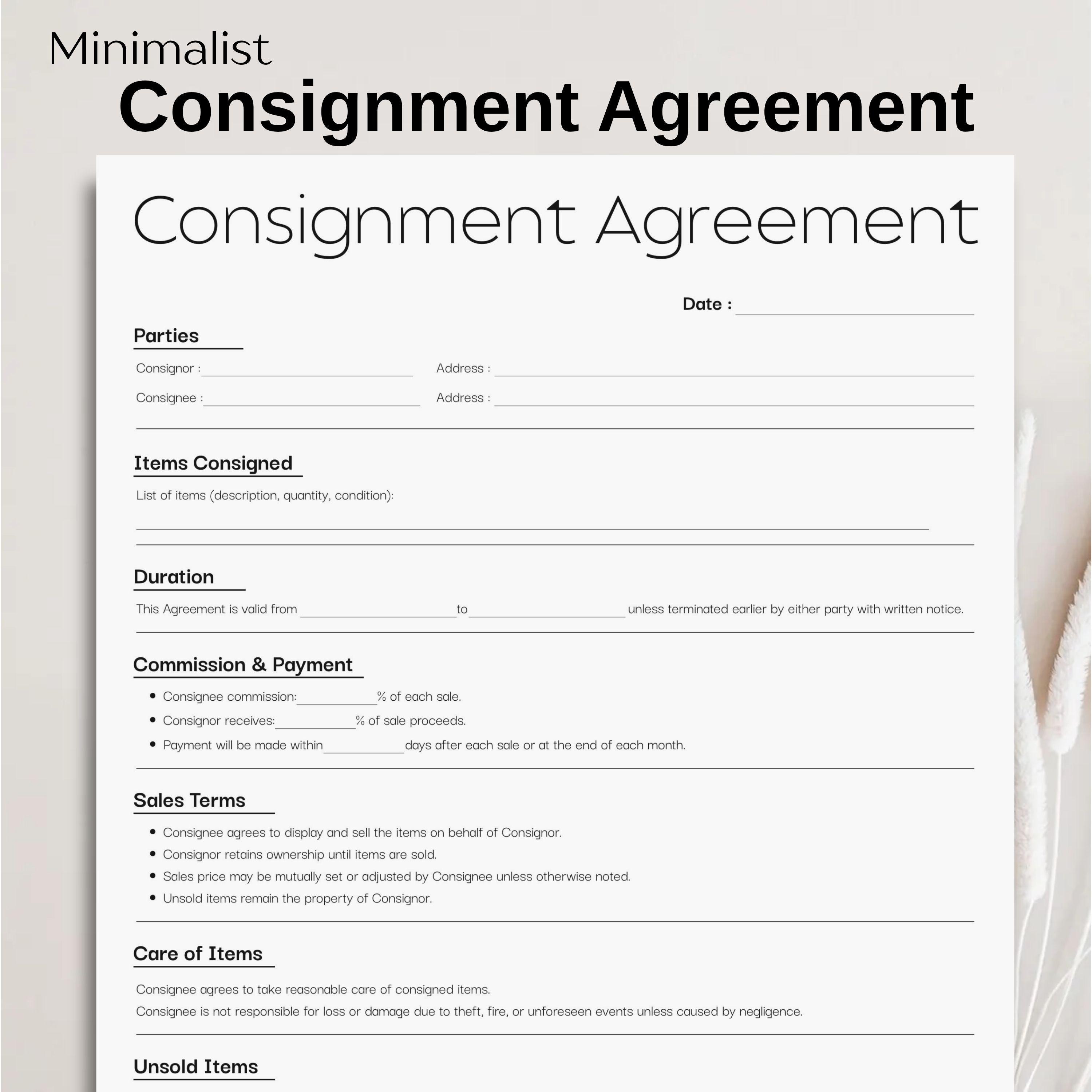 Minimalist Consignment Agreement Template, Simple Editable Consignment ...