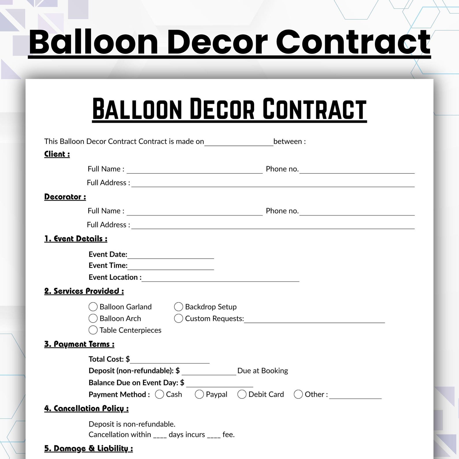 Editable Balloon Decor Contract Template, Single Page Balloon ...